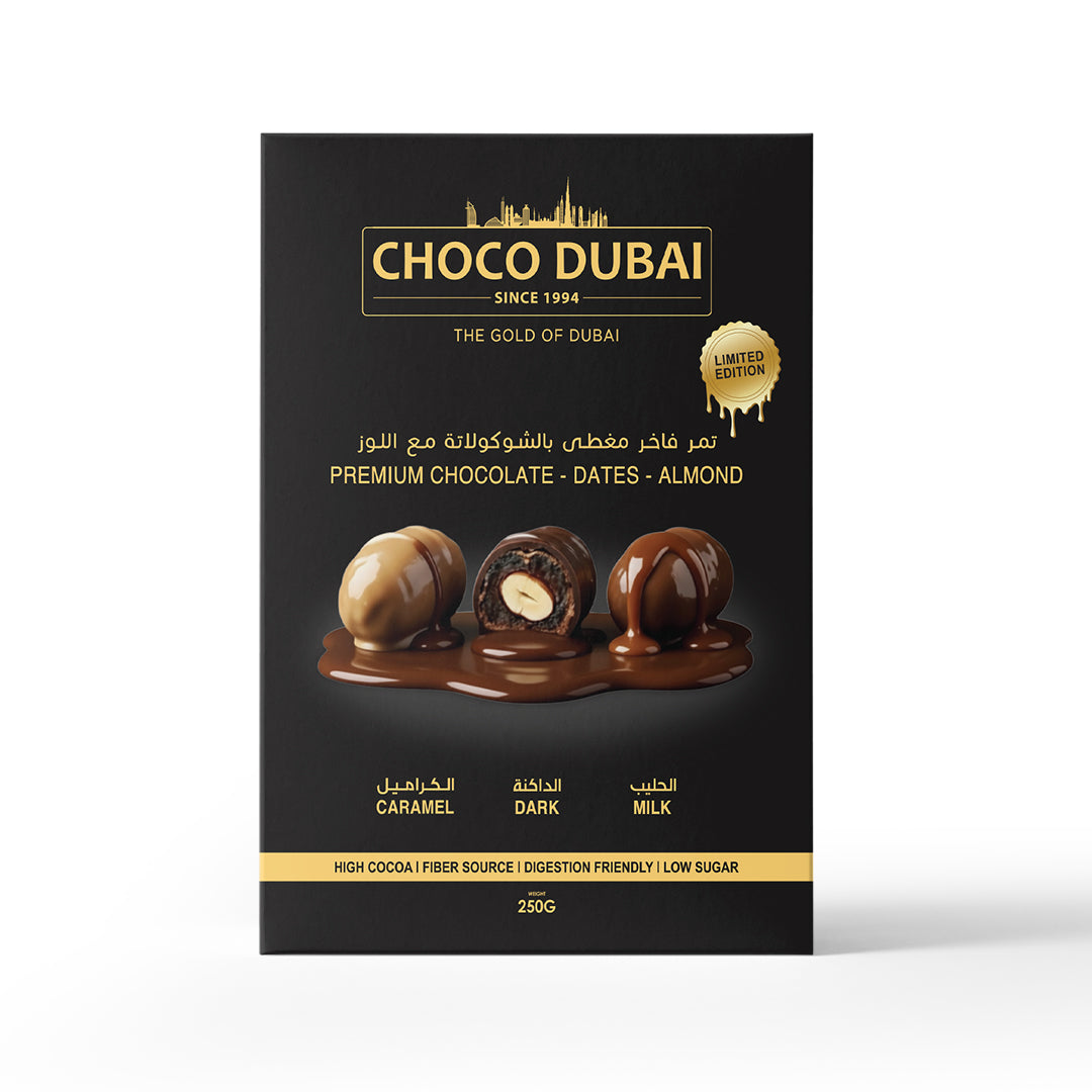 Choco Dubai Premium Chocolate Dates – Dark, Milk & Caramel (250g ...